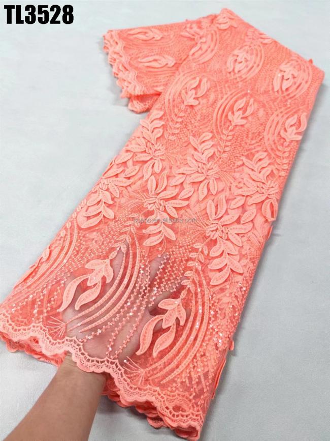 China Wholesale Peach Tulle Embroidery Lace Fabric Bridal Tulle Net Embroidered Fabric Bridal Embroidery Polyester Lace Fabric