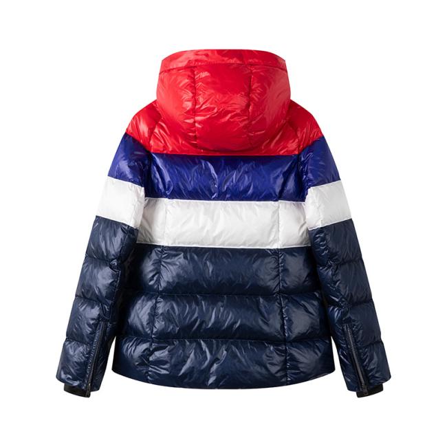 Men's color-block puffer jacket side view showing hood and pocket details