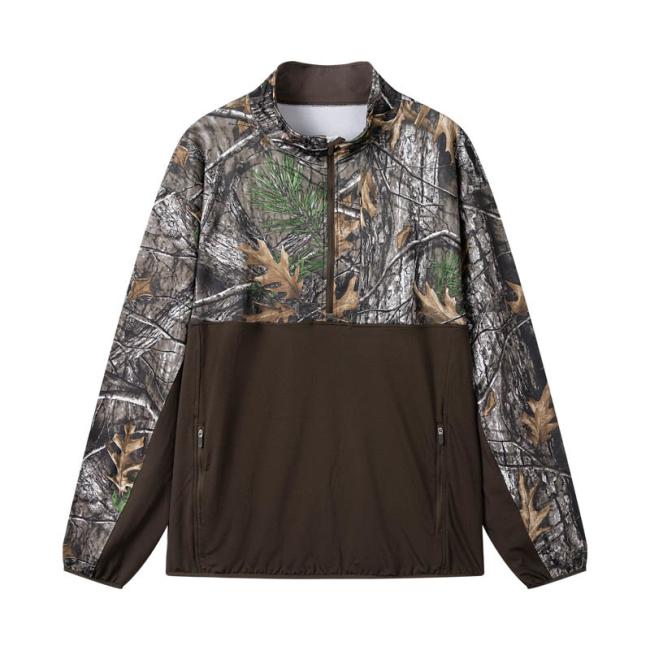 Men's camo hunting pullover jacket front view showing woodland pattern and half-zip design