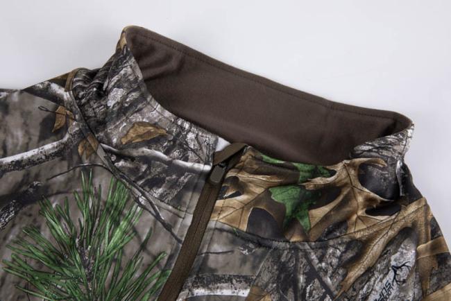 Men's camo hunting pullover jacket side view displaying solid brown lower body and camo sleeves