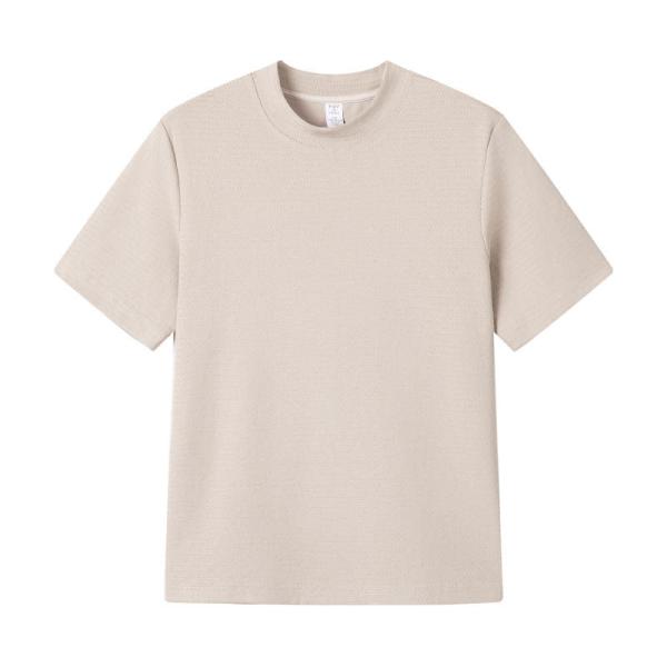 Quality Minimalist Textured Double-Knit Tee Shirt with Relaxed Boxy Fit in Sand Beige for sale
