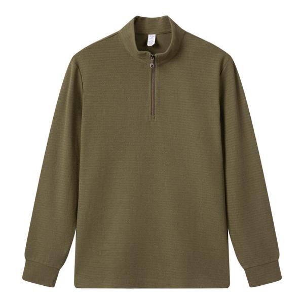 Quality Olive Green Zip-up Sweatshirt with Ribbed Knit Texture and 50% Cotton 50% Polyester Blend for sale