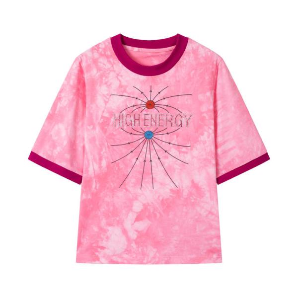 Quality Unisex Oversized Relaxed Fit Pink Tie-Dye Graphic Tee with Contrast Rib Neck & Cuffs in Cotton-Rich Jersey Knit for sale