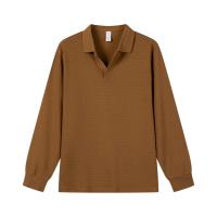 Quality Cotton-Rich Textured Waffle Knit Long Sleeve Polo Shirt in Caramel Brown with V for sale