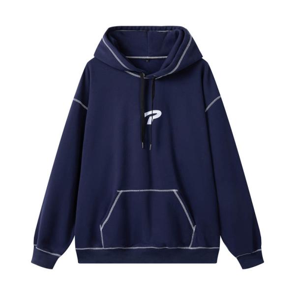 Quality Navy Oversized Relaxed Fit Fleece Hoodie with Contrast Flatlock Seams and Back Slogan Print for sale