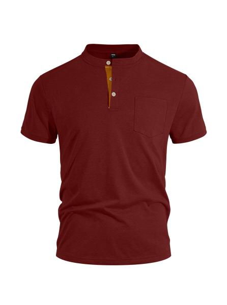 Quality Men's Short Sleeve Henley T-Shirt with Stand Collar & Chest Pocket, Casual Slim Fit Cotton Blend Tee for sale