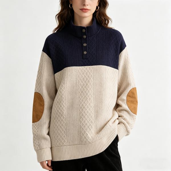 Quality Men's Colorblock Jacquard Hoodie with Suede Elbow Patches and Mock Neck Henley Sweatshirt for sale