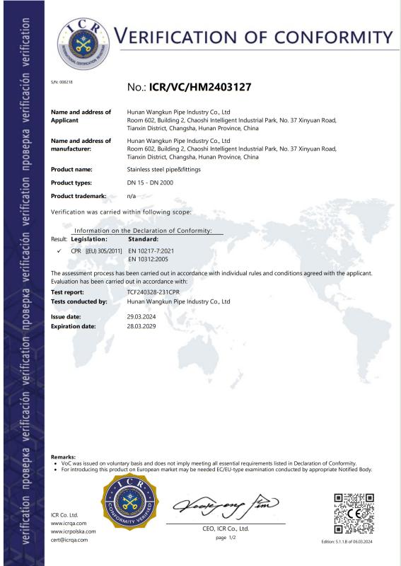 VERIFICATION OF CONFORMITY - Hunan Wangkun Pipe Industry Co., Ltd.