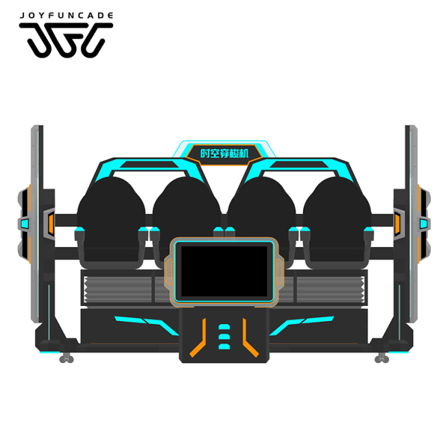 VR Cinema Simulator showing four-seat configuration with orange lighting
