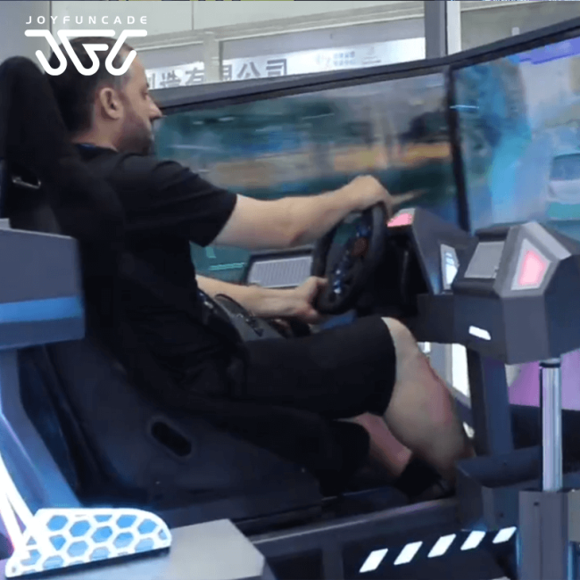 Close-up view of VR Racing Simulator cockpit with steering wheel