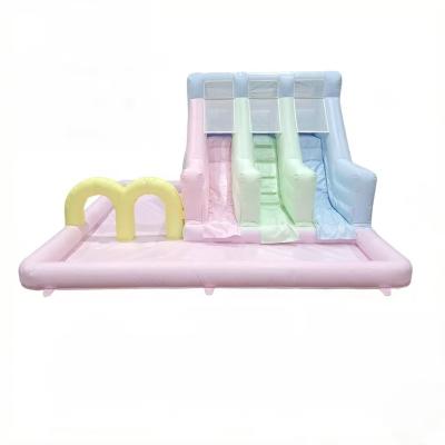 China Pastel Rainbow Triple-Lane Inflatable Slide with Ball Pit Inflatable Bounce House for Kids  Parties for sale