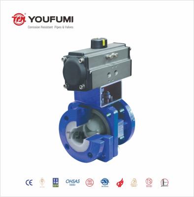Chine FEP a chemisé la soupape de commande gauche de la boule V, valve de contrôle de flux pneumatique d'anticorrosion à vendre