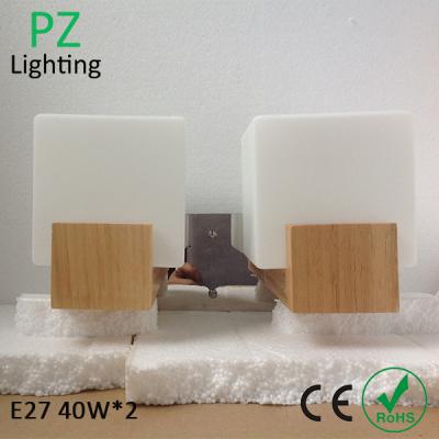 China Two heads Natrual wood color Oak wood wall lamp E27 socket with white glass shade CE/ROHS for sale