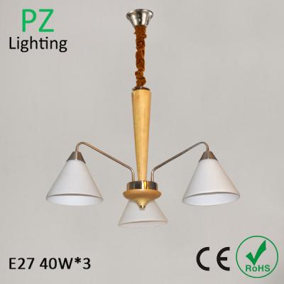 China Household 3 arms mini wood pendant lamp glass shade chrome lighting CE/ROHS made in China for sale