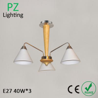China Household 3 arms mini wood pendant lamp glass shade chrome lighting CE/ROHS made in China for sale