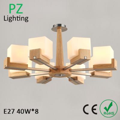 China 8 arms Oak wood ceiling lamp wood chandelier lighting with glass shade chrome finishing for sale