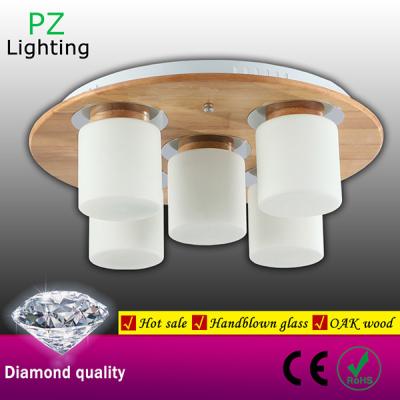 China 5 heads glass shade OAK wood ceiling light with remote controller made in Zhongshan China for sale