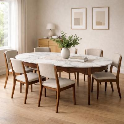 China French Style Oval Marble Dining Table with Solid Wood Base – Vintage 160×90×75 cm Dining Room Table for sale