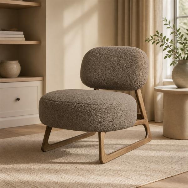 Quality Mid-Century Brown Bouclé Armless Lounge Chair, Solid Wood  CYC-021-BRW for sale