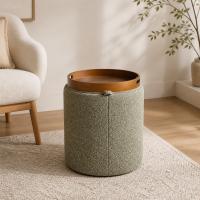 China Contemporary Round Storage Ottoman with Reversible Wooden Tray – 44 cm OT-200 for sale