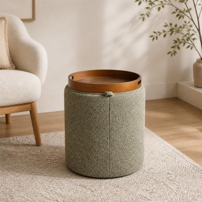 China Contemporary Round Storage Ottoman with Reversible Wooden Tray – 44 cm OT-200 for sale