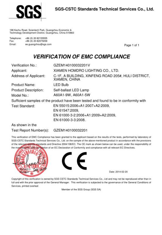 SGS LED Bulb CE-EMC - Xiamen Homdro lighting Co.,Ltd