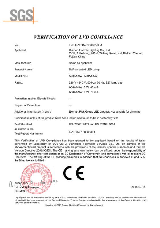 SGS LED Bulb CE-LVD - Xiamen Homdro lighting Co.,Ltd