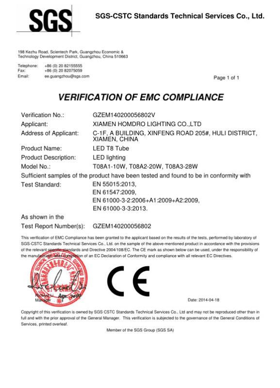 SGS LED Tube CE-EMC - Xiamen Homdro lighting Co.,Ltd