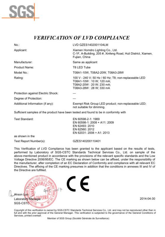 SGS LED Tube CE-LVD - Xiamen Homdro lighting Co.,Ltd
