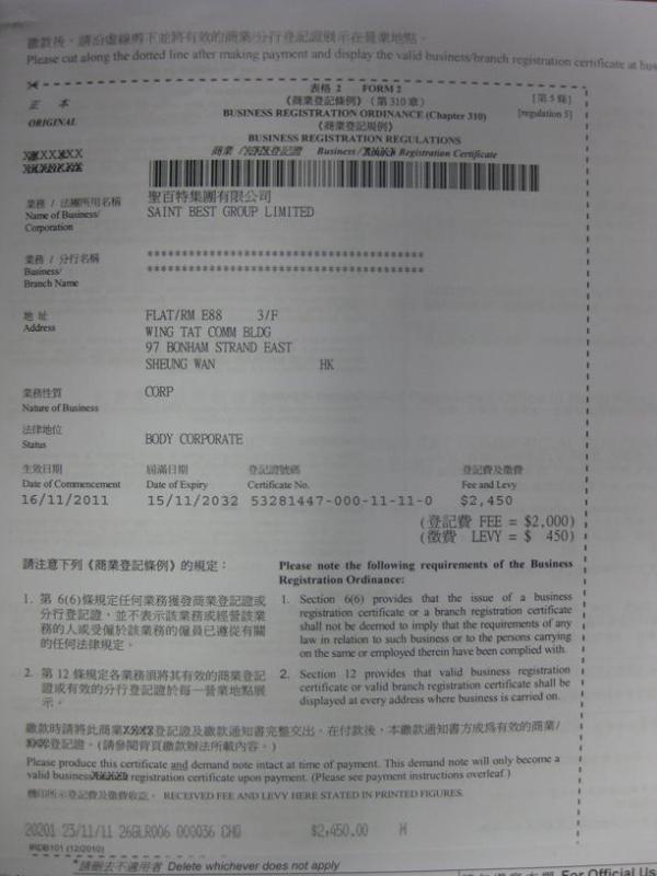 Business Licence - Saint Best Group Ltd