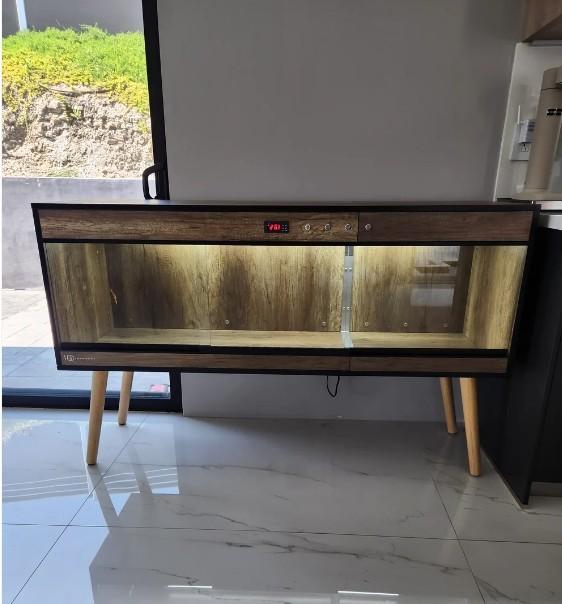 Dark gray wood grain reptile enclosure with glass front and temperature control system