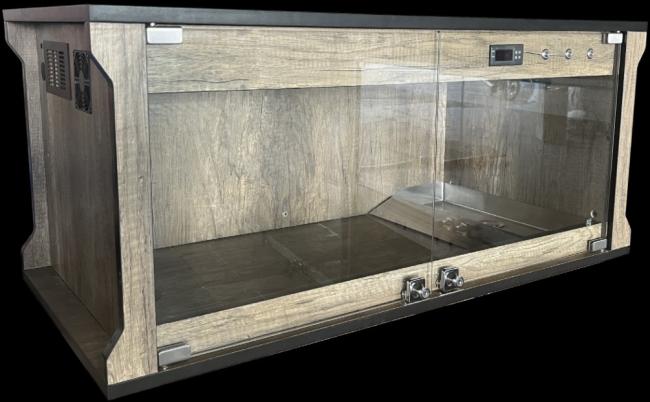 Front view of wooden reptile terrarium showing glass front and wood grain finish