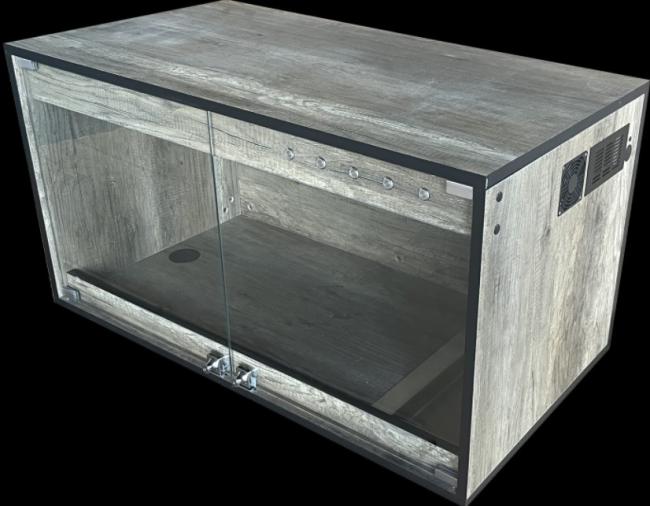 Side view of enclosure displaying wood grain finish