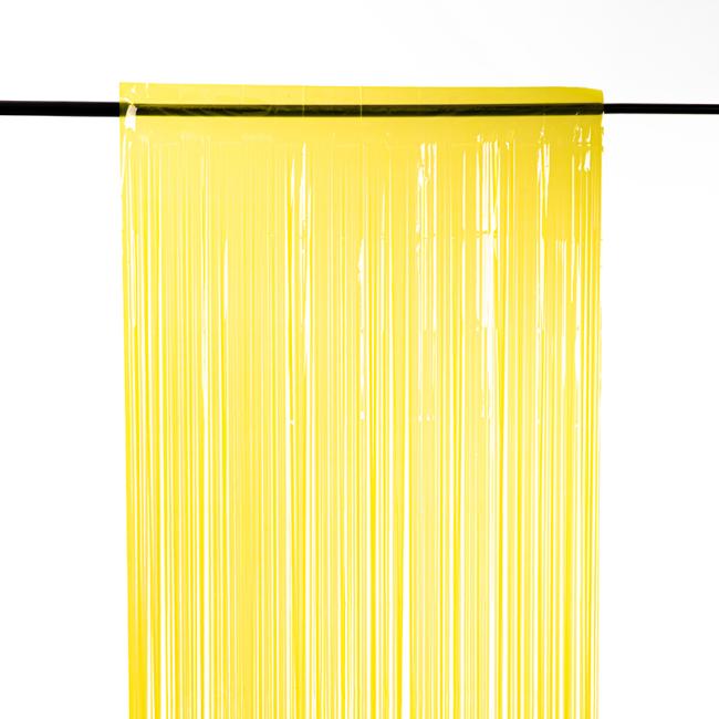 Fluorescent fringe curtain backdrop in vibrant yellow color