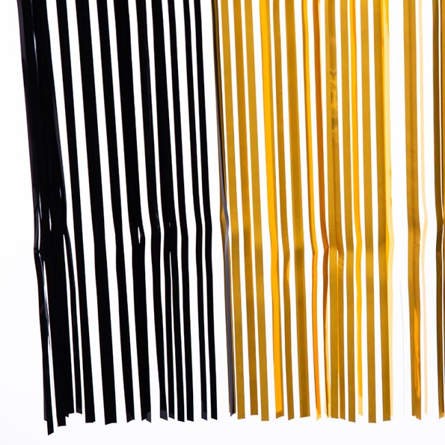 Close-up view of the metallic fringe curtain details