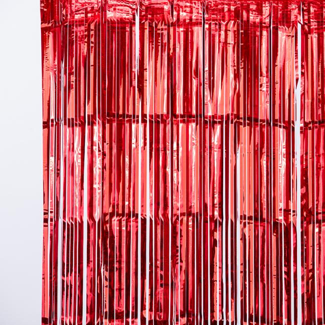 Red Waterproof Laser Rain Curtain showing metallic fringe design