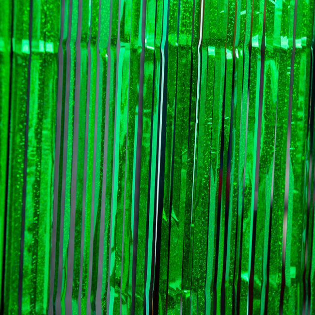 Green Laser Rain Curtain displaying iridescent colors in festive setting