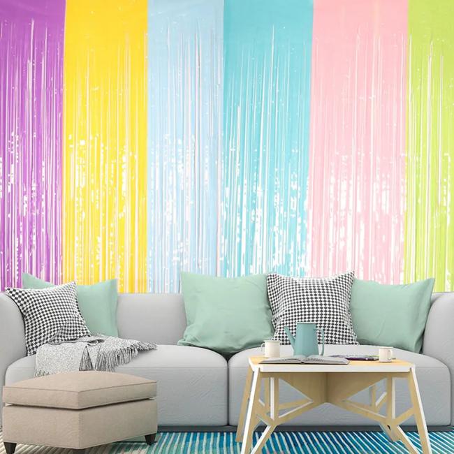 Close-up view of fluorescent rain curtain's vibrant colors