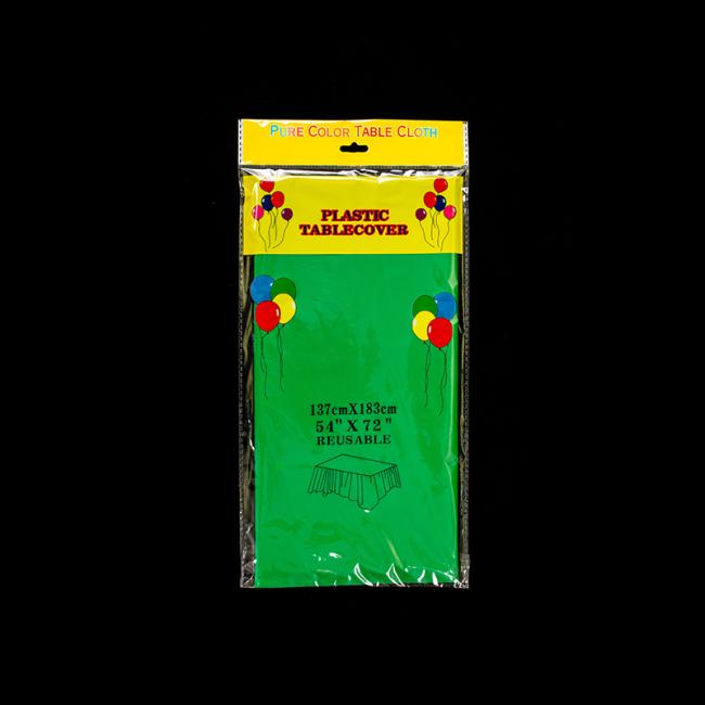 Green disposable table cover displayed on a rectangular table