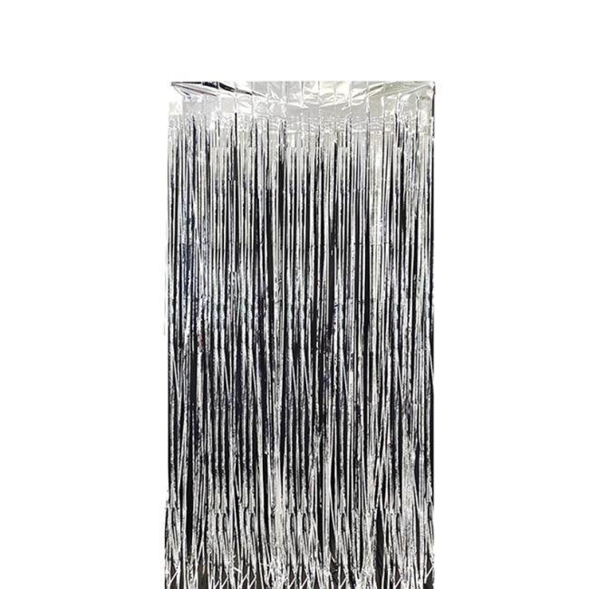 Silver foil fringe curtain displayed as party backdrop decoration
