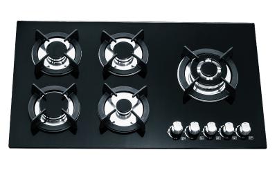 China Black Glass Gas Hob 5 Burners 90cm , Built In 8mm Tempered Glass Top Gas Hob for sale