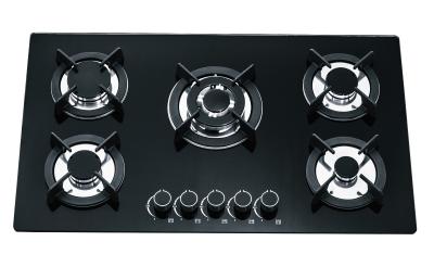 China 5 Ring Built In Kitchen Gas Hobs , Black Glass 5 Burner Gas Hob 90cm for sale