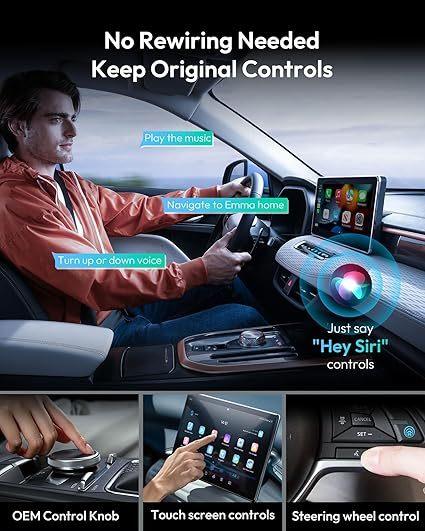 Wireless CarPlay adapter maintaining factory controls with voice assistance