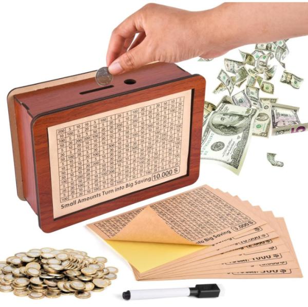 Quality Best Selling Unique 10000 Savings Challenge Box Wooden Cash Savings Box Children'S Piggy Bank for sale