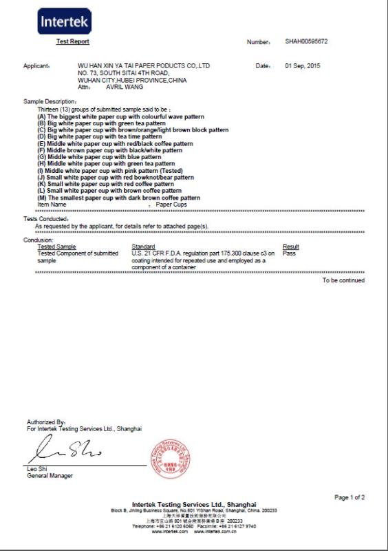 Test report ( FDA ) - Wuhan Xinyatai Paper Products Co., Ltd.