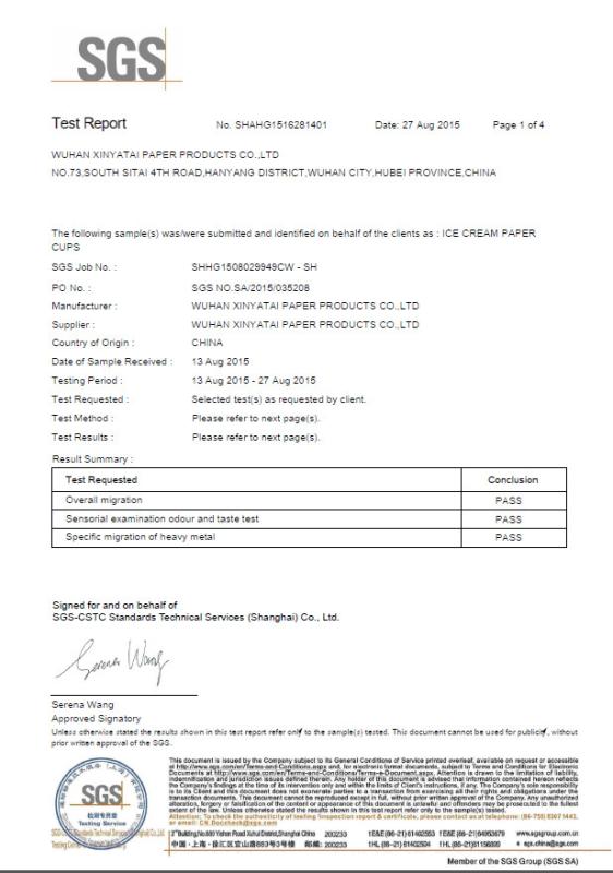 Test report - Wuhan Xinyatai Paper Products Co., Ltd.