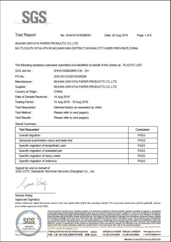 Test report - Wuhan Xinyatai Paper Products Co., Ltd.