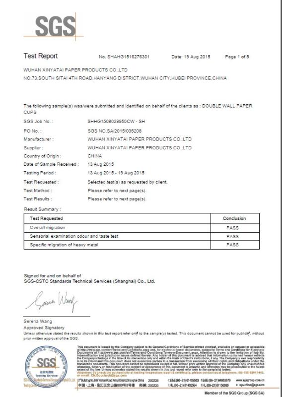 Test report - Wuhan Xinyatai Paper Products Co., Ltd.