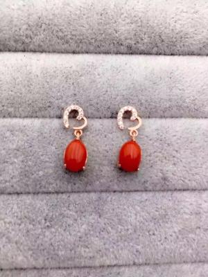 China Handmade Heart Shape Sterling Silver Earrings Post With Red Corallite Charms for sale
