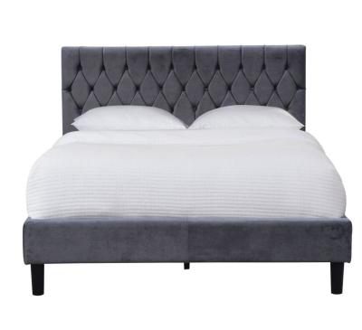 Cina Velvet Fabric Dark Grey Upholstered Bed Frame Queen Size With Buttons On Headboard in vendita